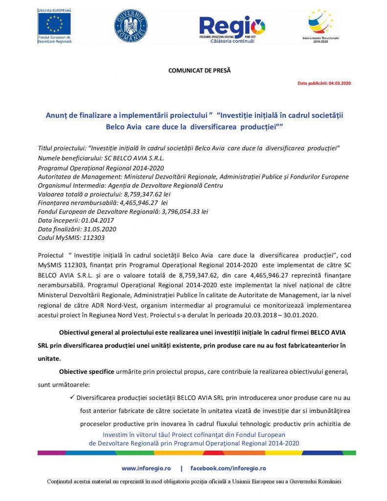 COMUNICAT DE PRESĂ - Anunț de finalizare a implementării proiectului “Investiție inițială în ...
