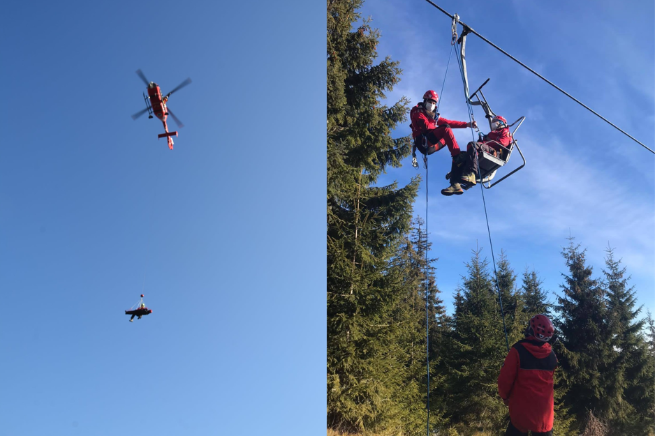 Exercițiu de salvare din telescaun, cu elicopterul. Salvamontiștii ...