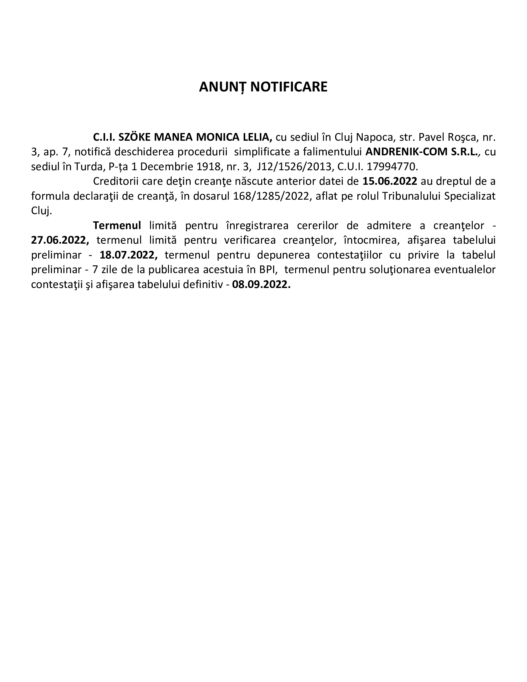 ANUNȚ NOTIFICARE - ANDRENIK-COM S.R.L.