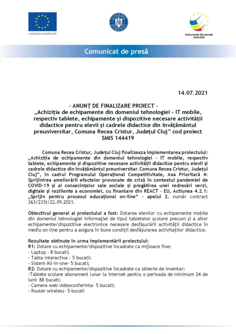 Comuna Recea Cristur anunță finalizarea proiectului „Achiziția de echipamente din domeniul ...