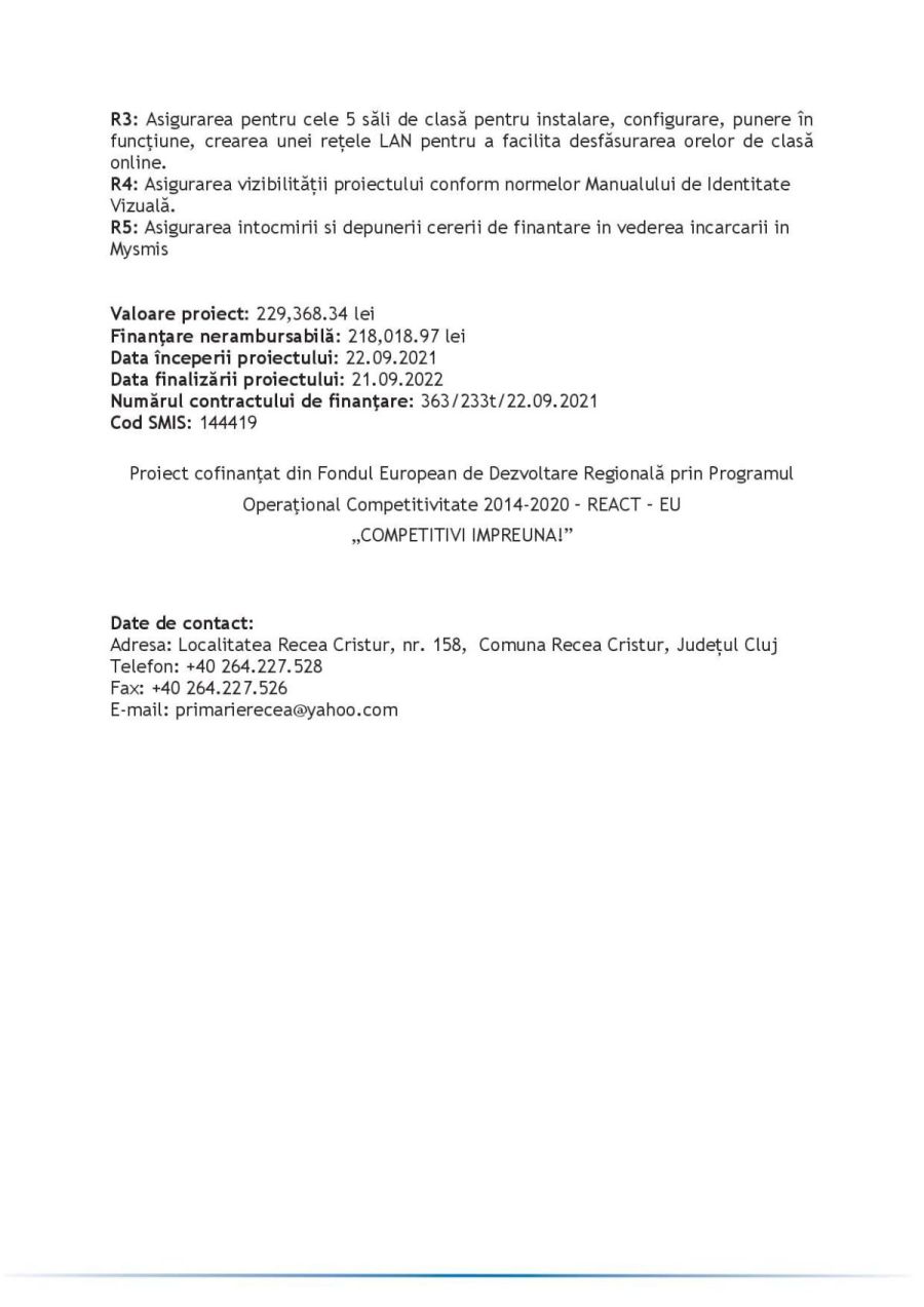 Comuna Recea Cristur anunță finalizarea proiectului „Achiziția de ...