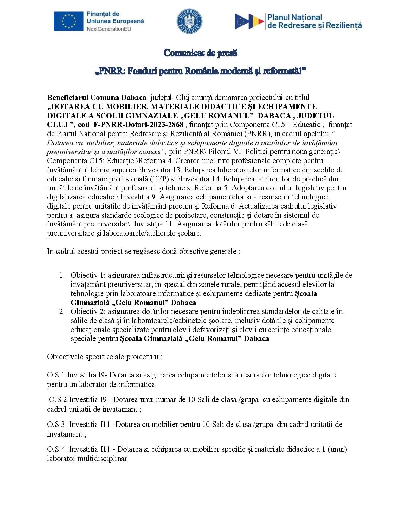 Comuna Dabaca anunță demararea proiectului cu titlul „DOTAREA CU MOBILIER, MATERIALE DIDACTICE ...
