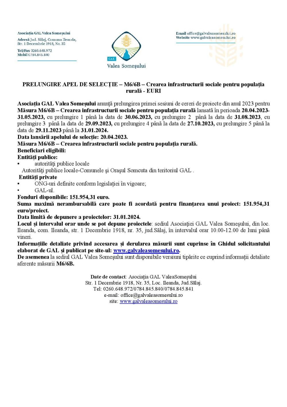 Asociația GAL Valea Someşului anunţă prelungire APEL DE SELECȚIE – M6/6B