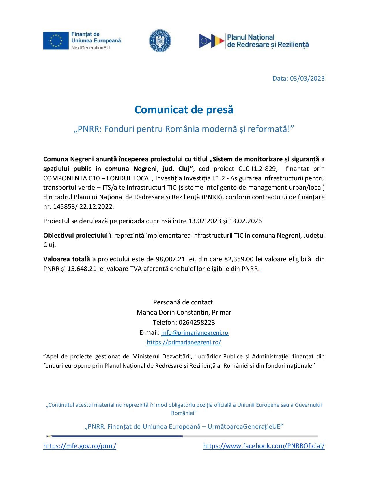 Comuna Negreni anunță începerea proiectului cu titlul „Sistem de ...