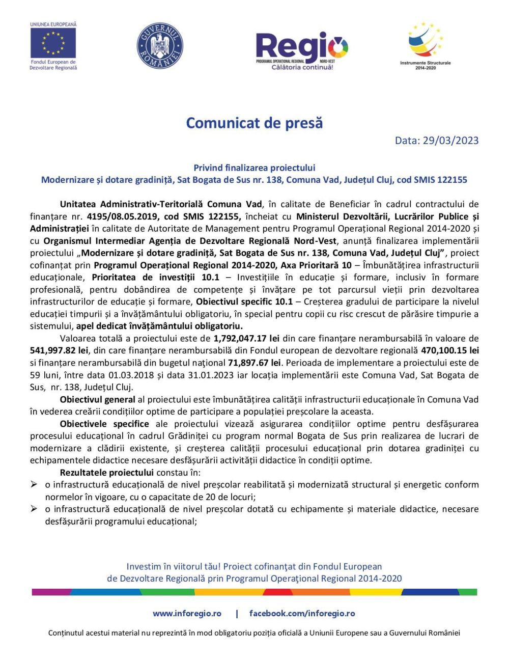 Unitatea Administrativ-Teritorială Comuna Vad anunță finalizarea implementării proiectului ...