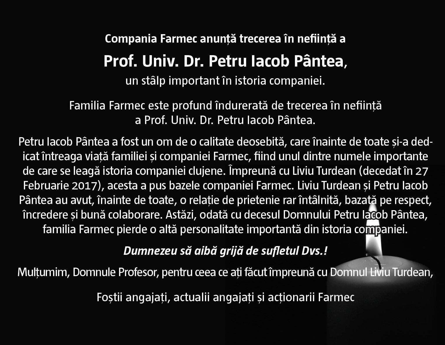 Compania Farmec anunță trecerea în neființă a Prof. Univ. Dr. Petru ...